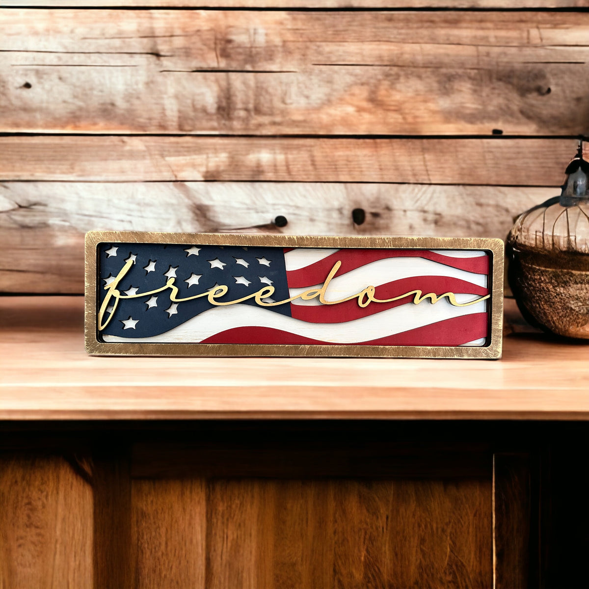 Freedom With Waving Flag 4 Layer Sign P2549 – Paisley Grace Makery