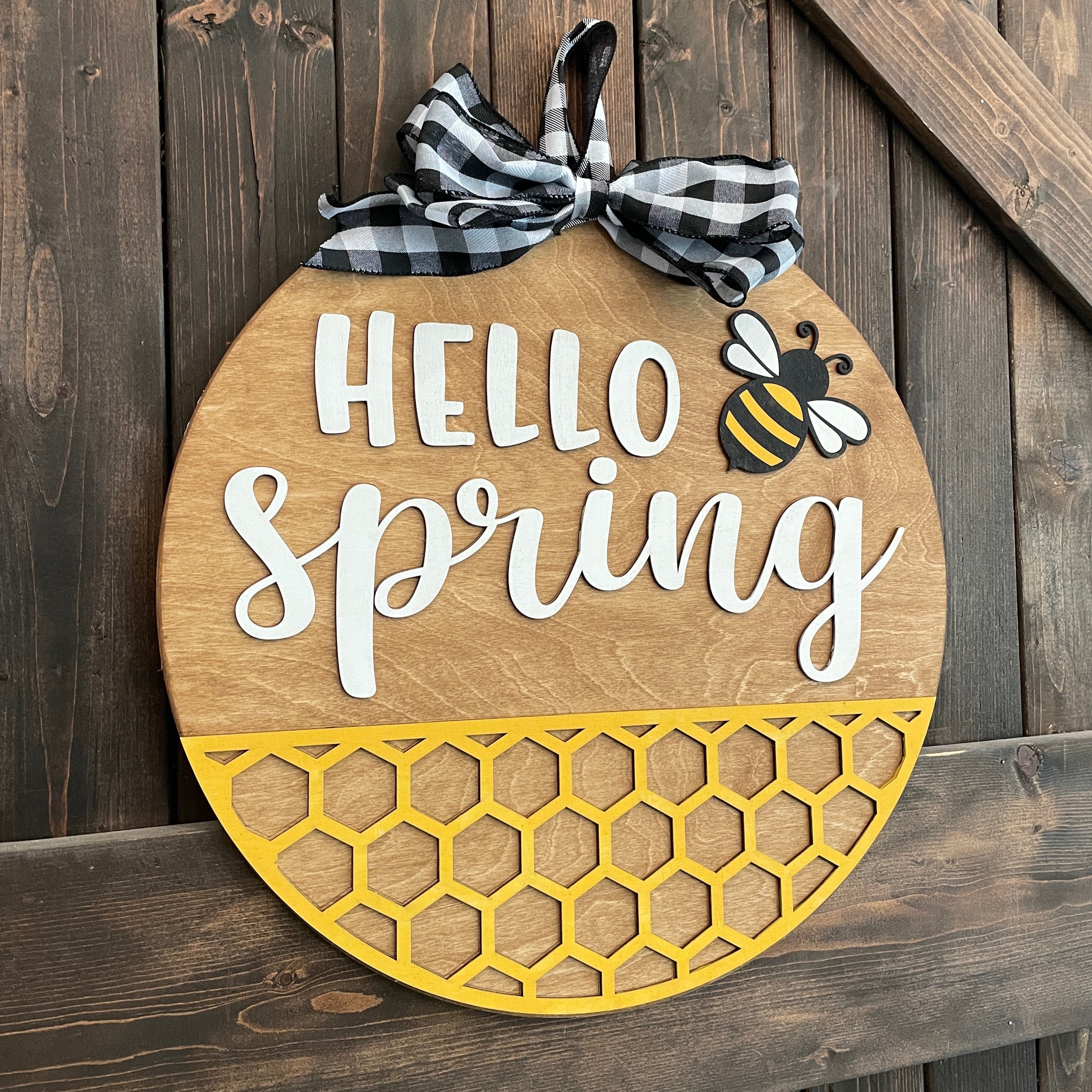 Hello Spring with Bee 3D circle Door Hanger Design P1166